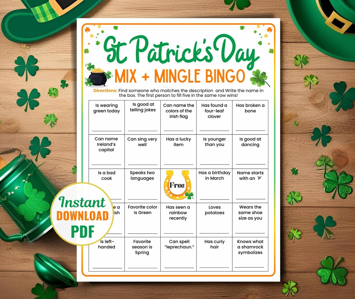 St Patricks Day Mix & Mingle Human Bingo Game, St. Paddy Game, Office ...
