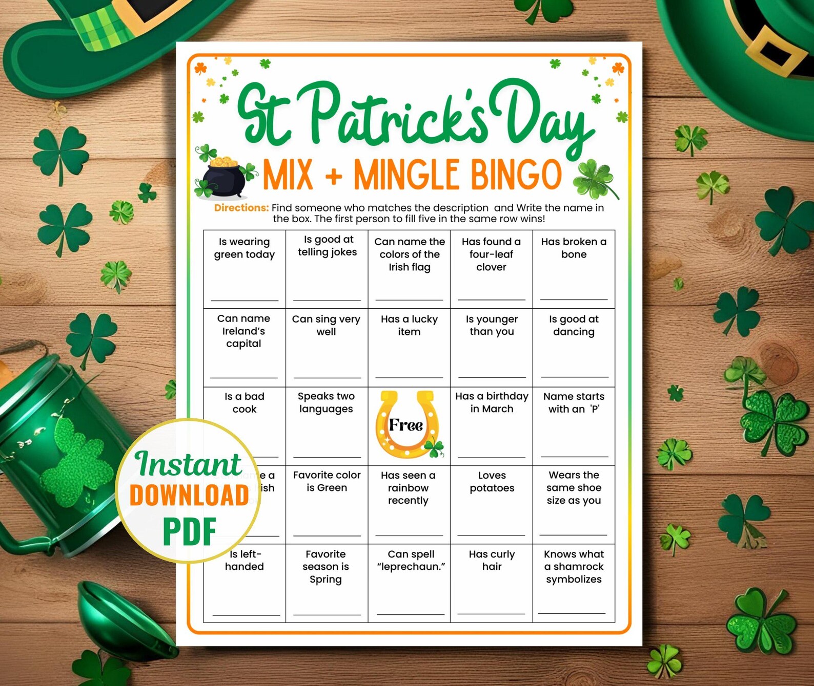 St Patricks Day Mix & Mingle Human Bingo Game, St. Paddy Game, Office ...