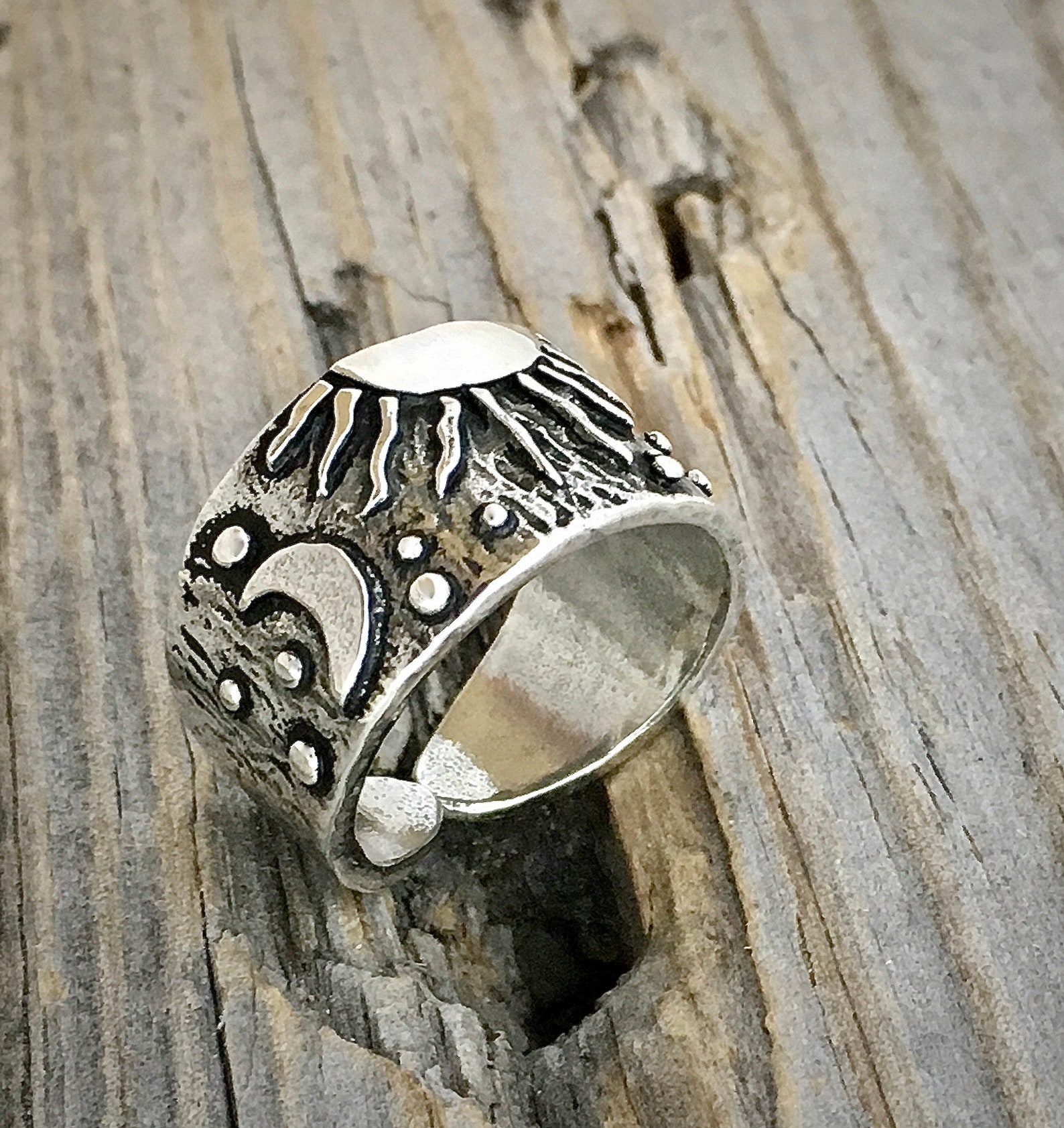 Sterling Silver Ring Sun Moon Stars Ring Handmade Rustic Ring Etsy