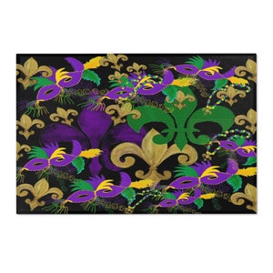 Mardi Gras Fleur De Lis and Masks on Black Indoor Chenille Area Rugs of ...