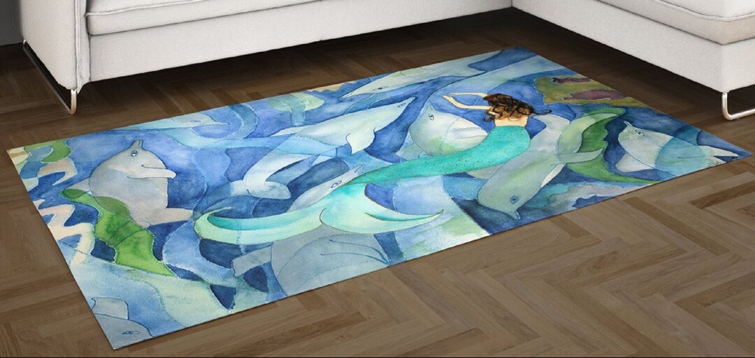 Dolphins and Mermaid Party Coastal Beach House Area Rugs of My Art. - Etsy