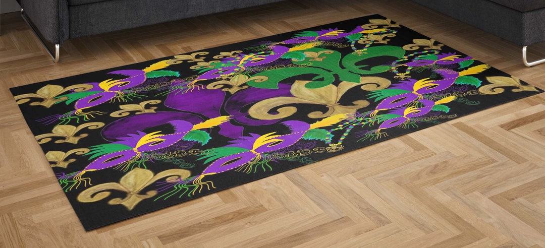 Mardi Gras Fleur De Lis and Masks on Black Indoor Chenille Area Rugs of ...