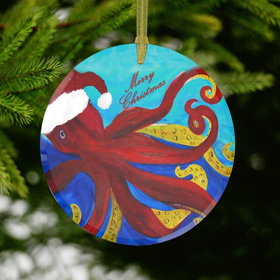 Christmas Santa Octopus Holiday Glass Ornament of My Art. - Etsy UK