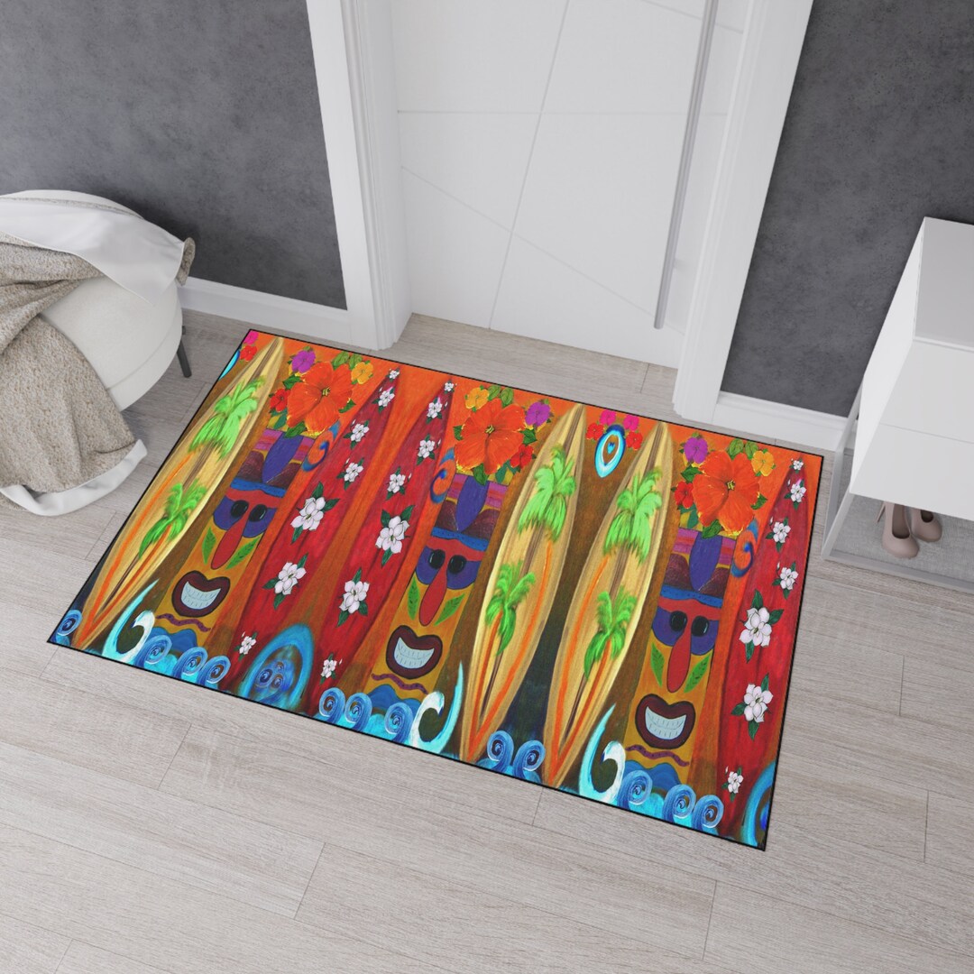 Tiki and Surfboards Coastal Beach Tropical Home Floor Mat for Indoor or ...