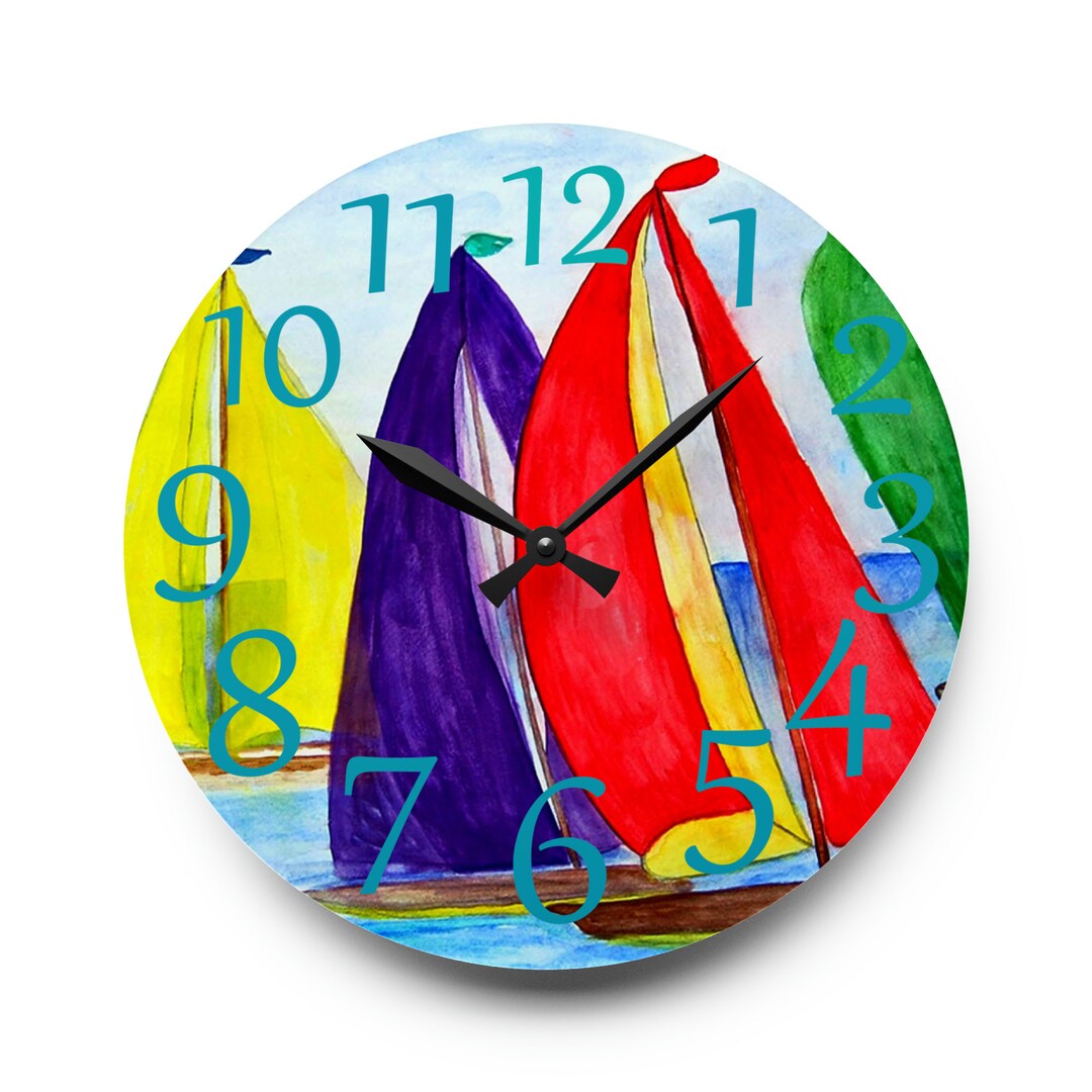 Colorful Sails Nautical Coastal Home Wall Clock With My Art. Sailboats ...