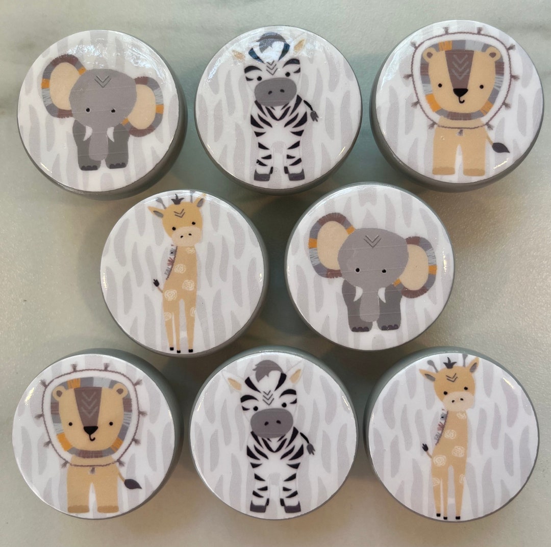 JUNGLE SAFARI KNOBS Gray Tan Bedding Kids Nursery Drawer Pulls ... Elephant Giraffe Lion Zebra ...