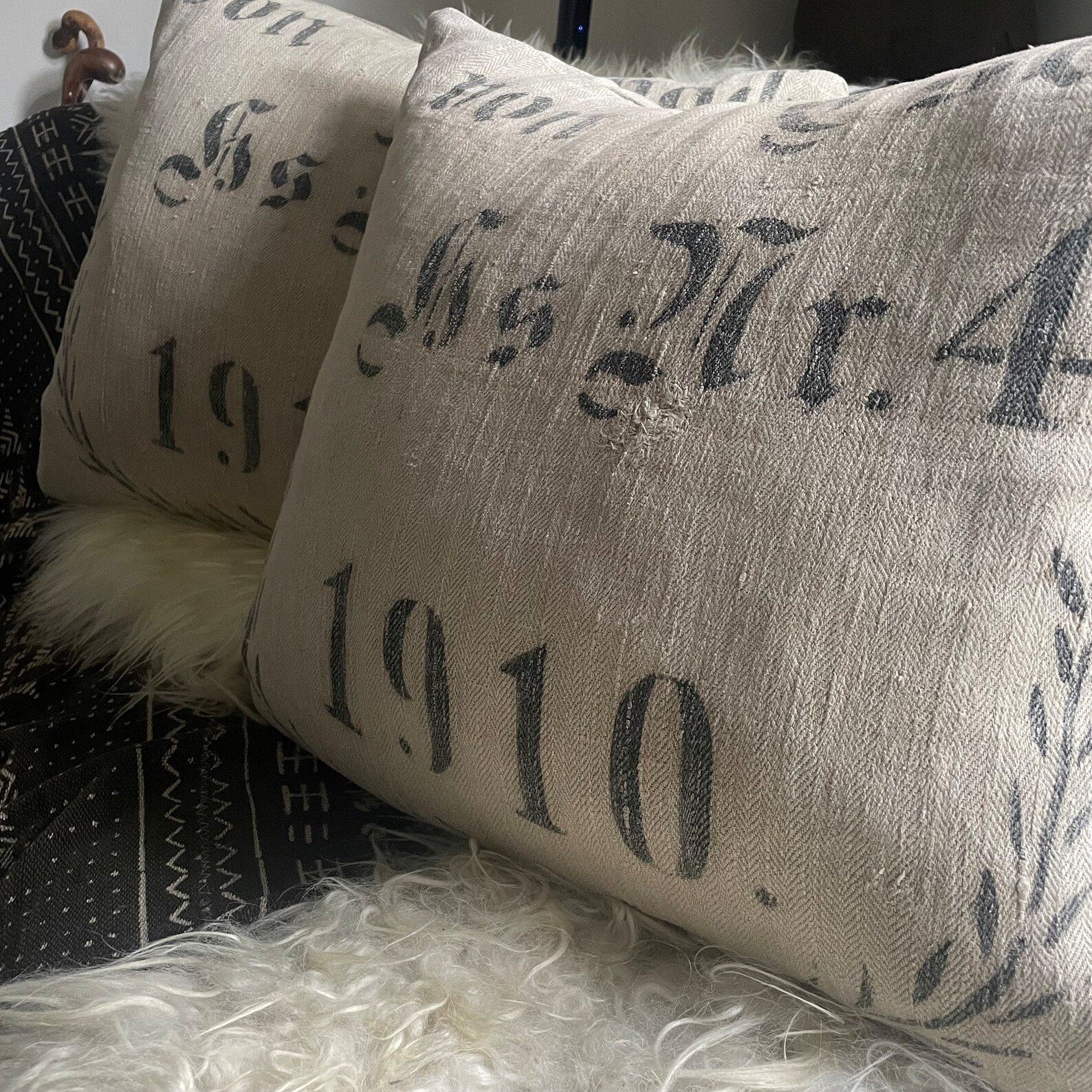 Antique German Grain Sack Pillows, 1910, Matched Pair. - Etsy