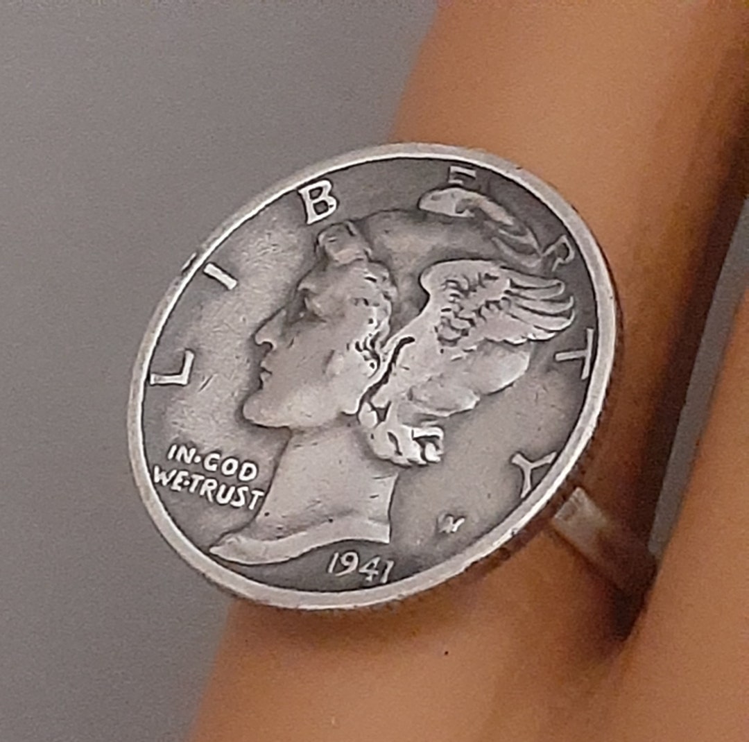 RING, DIME N Ring, Handmade, Made With a 1940 to 1945 Mercury Dime, 90 ...