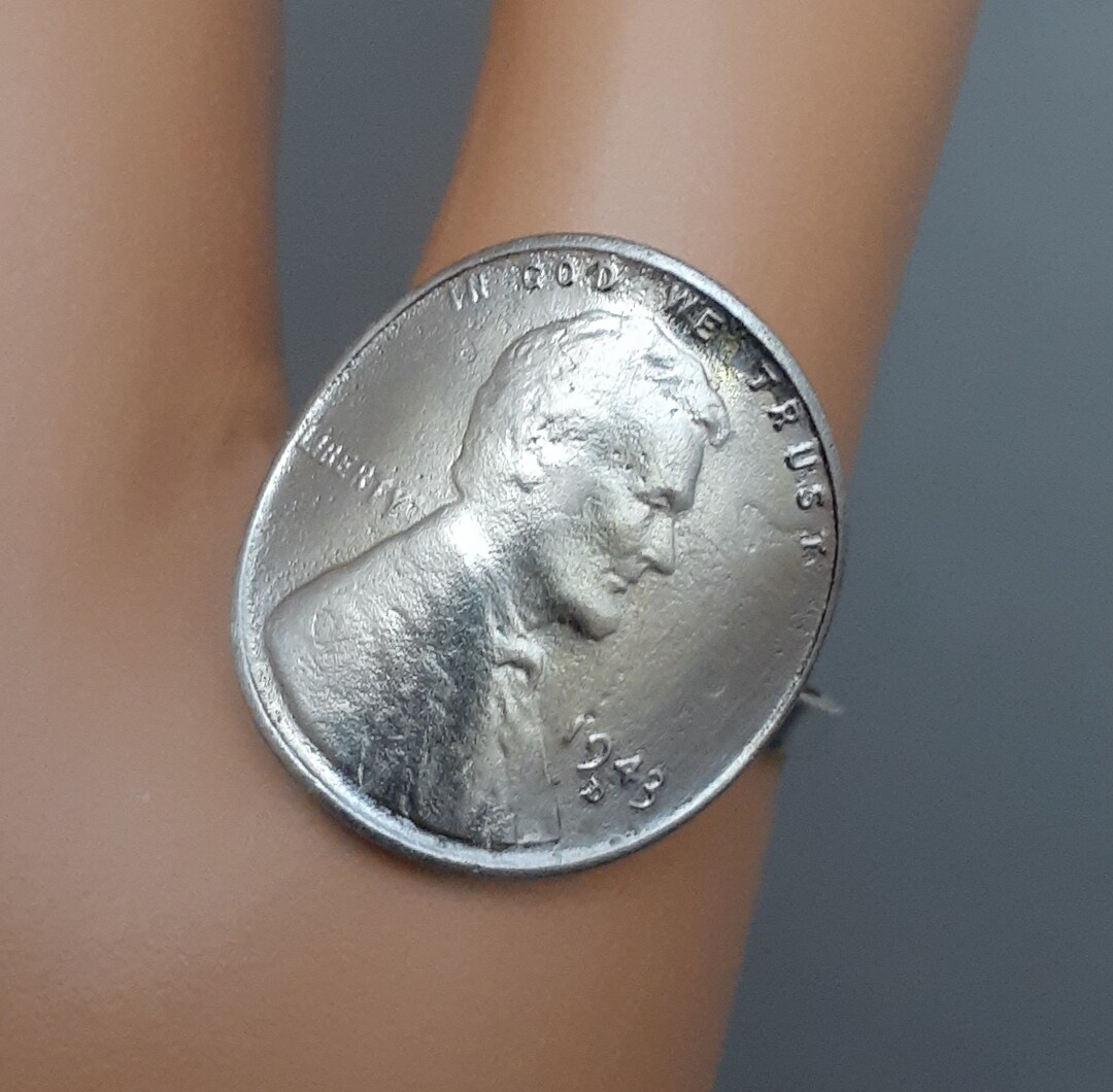 RING, WAR PENNY, Curved 1943 Steel Wheat Back, Sterling Silver Band ...