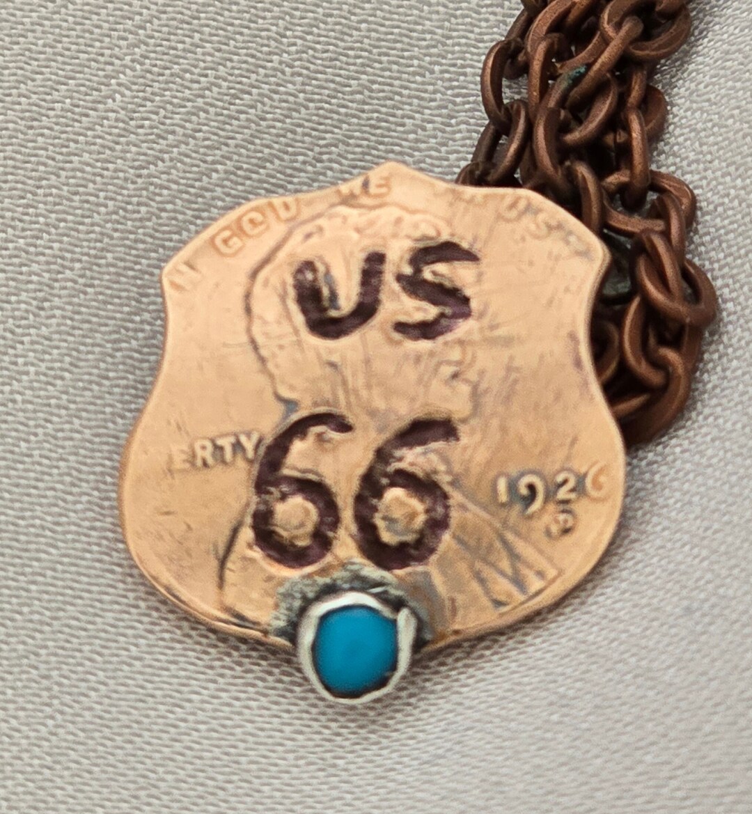 PENNY COIN PENDANT, Route 66, Route 66 Road Sign, Charm, Copper Sign ...