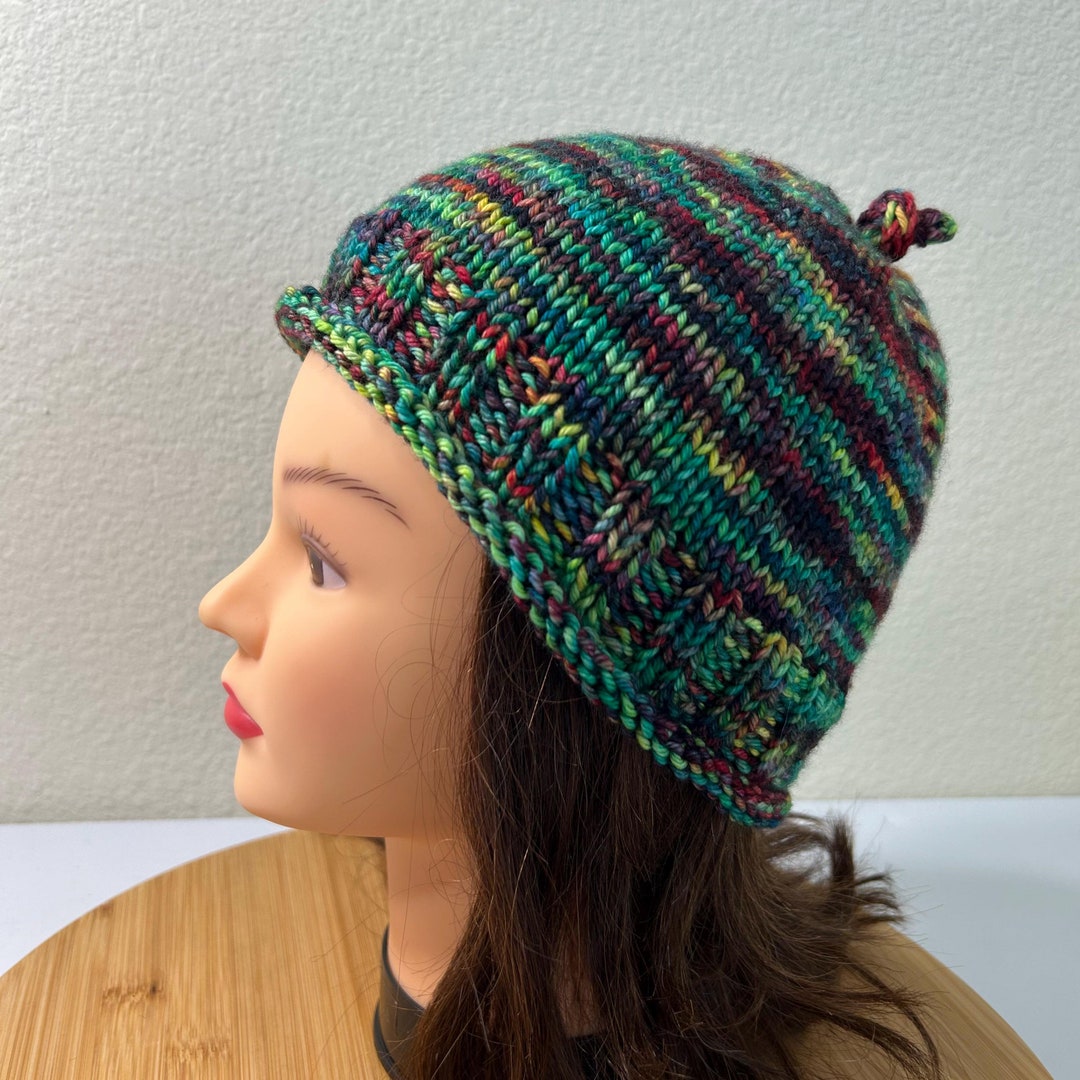 Top Knot Cap, Hand Knit, 100% Superwash Merino Wool, Multi Greens and ...