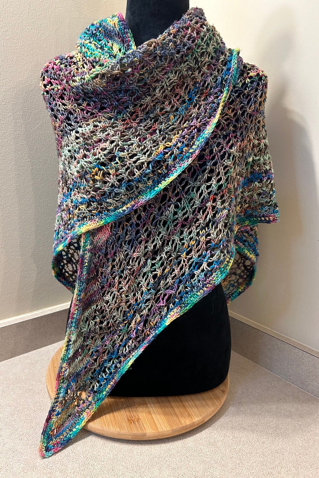 Large, Lacy Hand Knit Shawl, 100% Merino Wool, Multicolor Lace Design ...