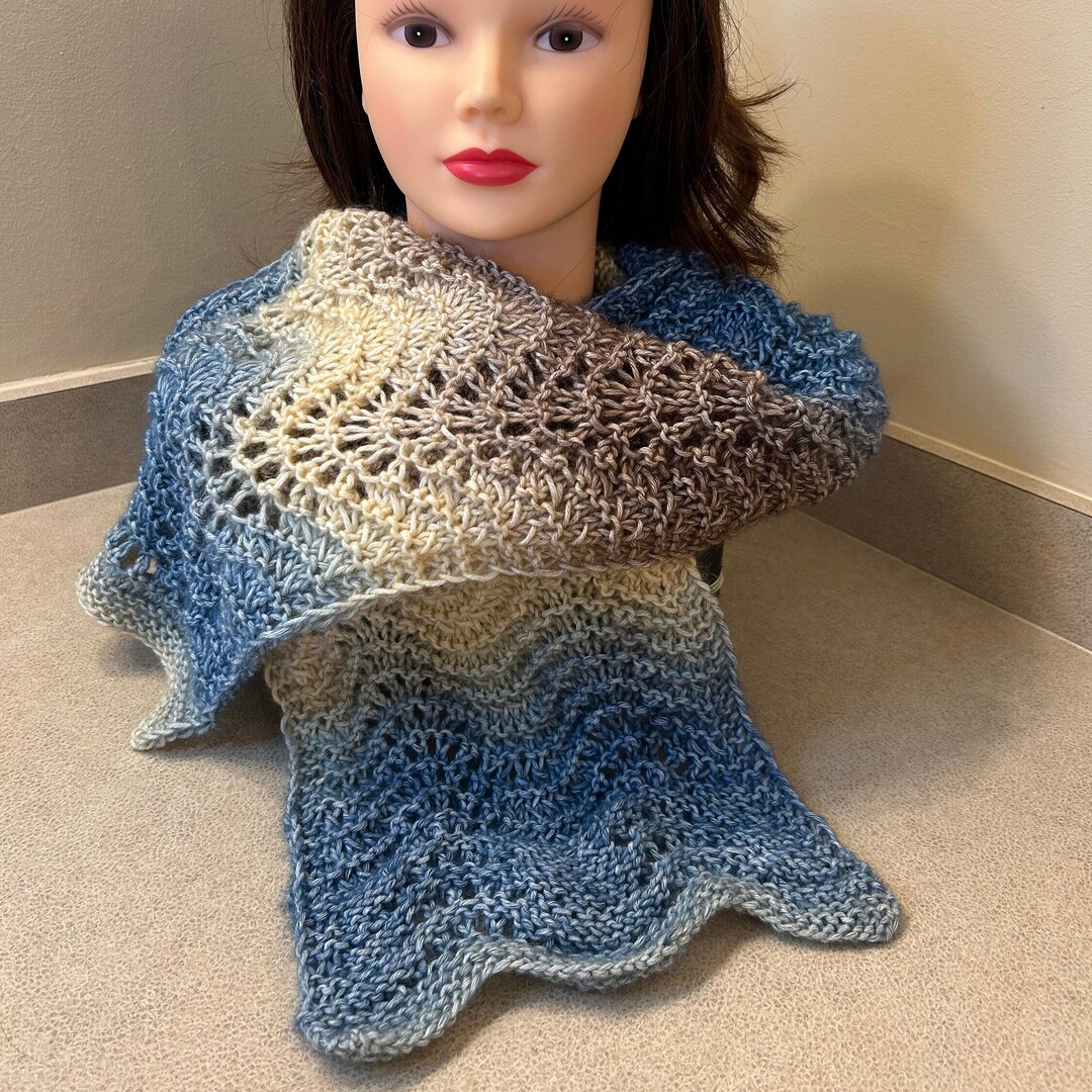 Wavy Scarf, Hand Knit, Cotton/acrylic/wool, Blue Beige, Brown Colored ...