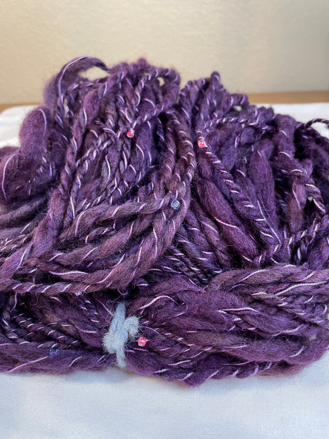 Hand Spun Art Yarn, Purple Wool, Auto-wrapped Pink Beaded String, Super ...