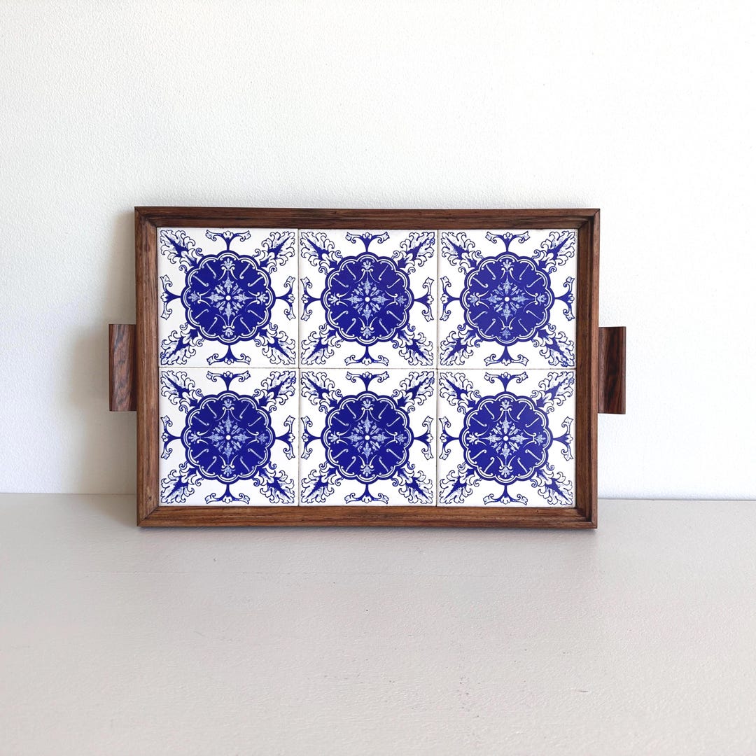 Vintage Wood & Tile Serving Tray: Blue Chinoiserie Style, Mid Century ...