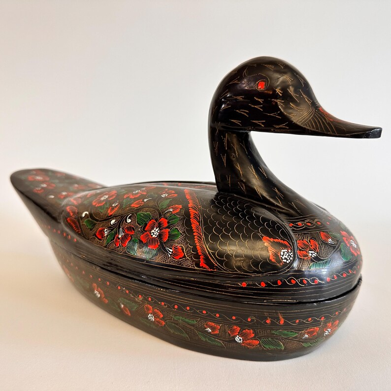 Large Hand Painted Lacquerware Duck Box, Folk Art Wood Duck Figurine ...