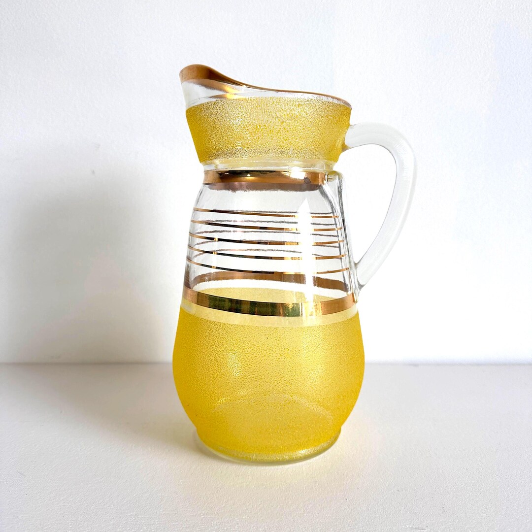 Mid-century Yellow Glass Pitcher: Frosted Gold Stripe Vintage Barware ...