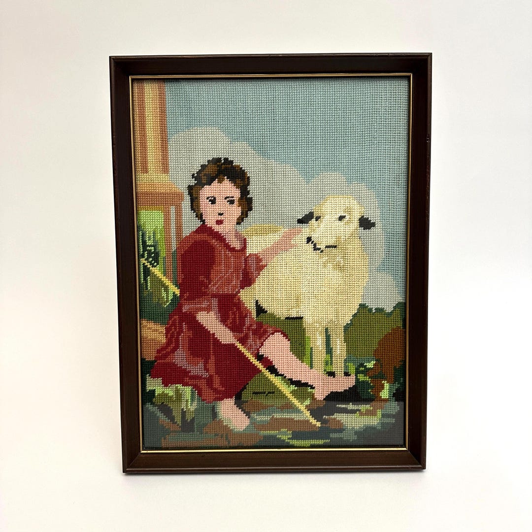 Vintage Framed Needlepoint Art of David the Sheppard With Lamb, Rustic ...