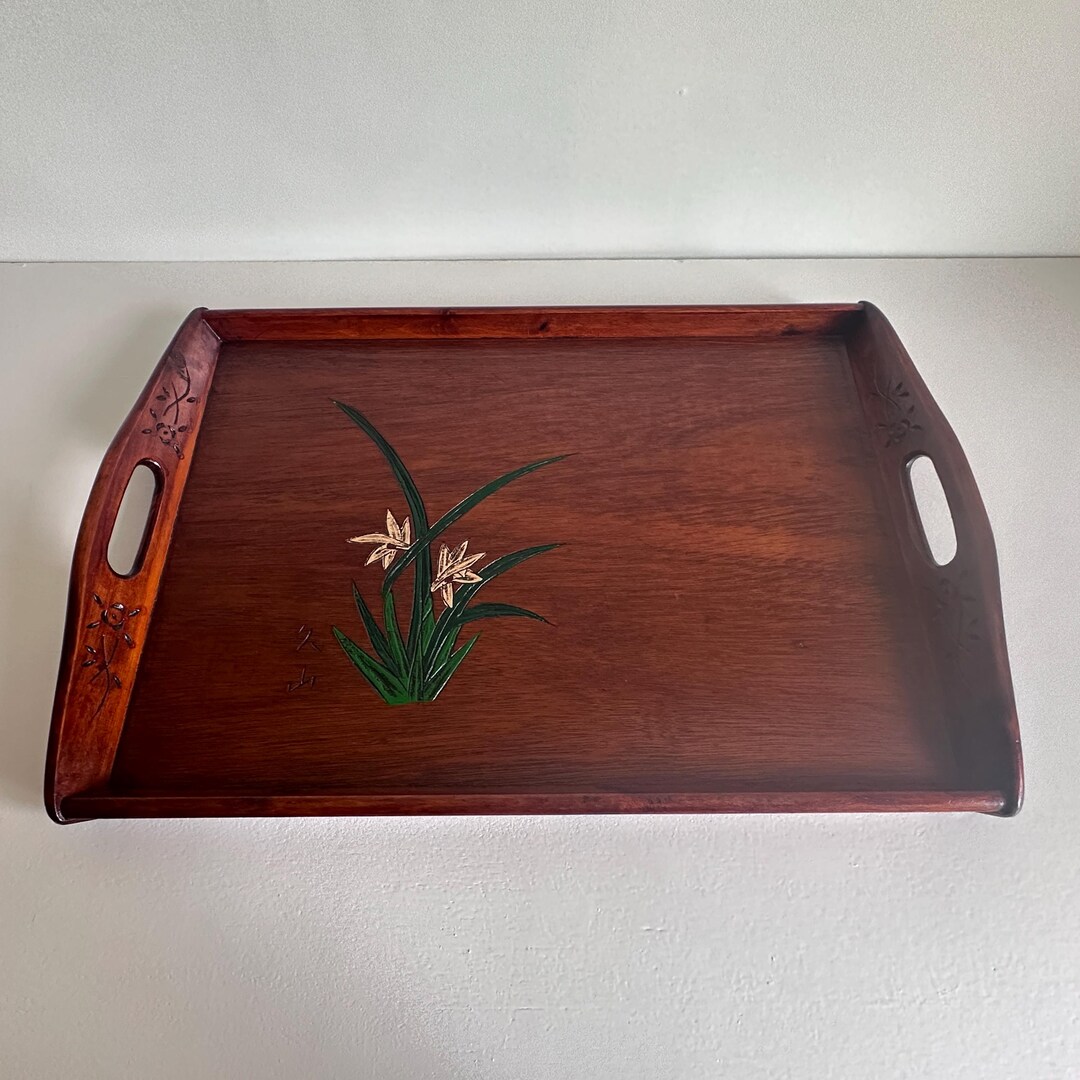 Large Vintage Japanese Wood Tray | Hand-carved Signed Tray | Old World ...