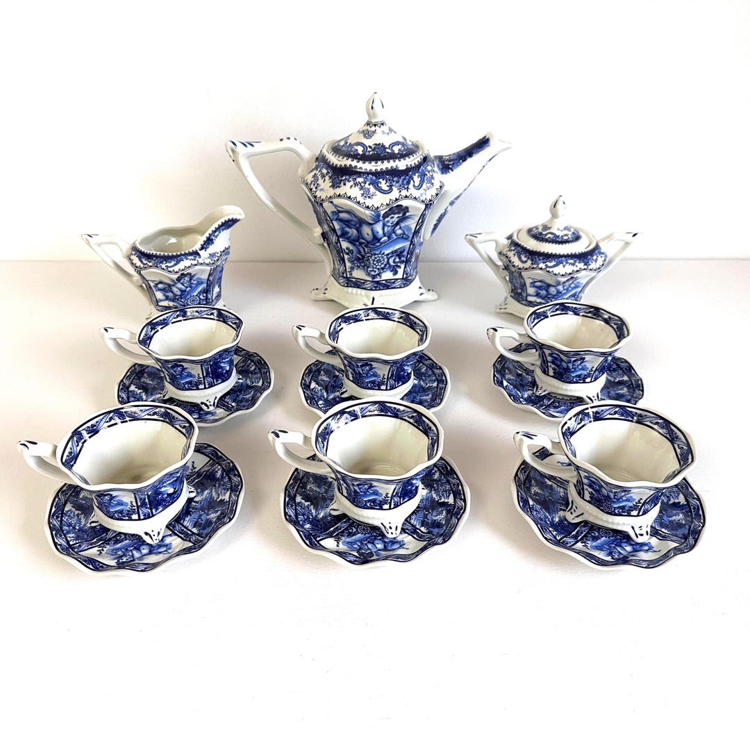 Italian Blue & White Chinoiserie Delft Style Tea Set | Anticheri ...