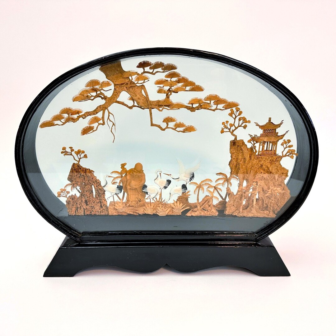 Vintage Asian Diorama, Oval Glass Display With Cranes and Pagoda ...