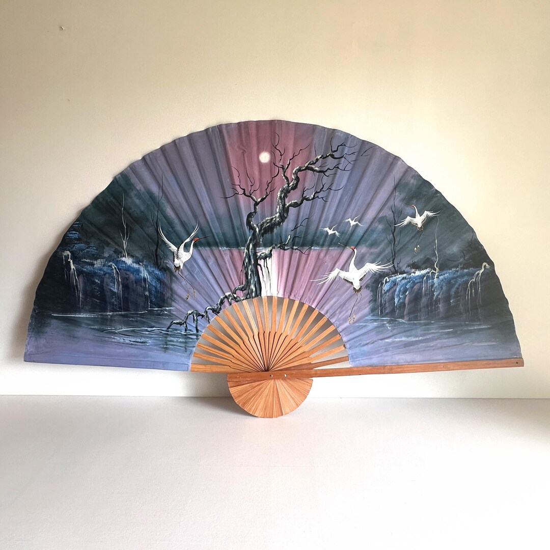 Large Vintage Hand-painted Asian Wall Fan With Purple and Blue Crane ...