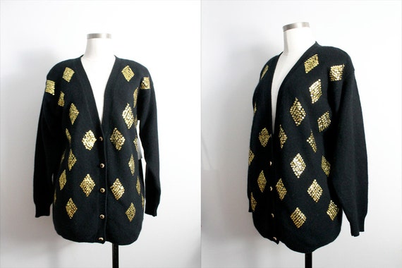 1980s Black Lambswool & Angora Gold Sequin Cardigan - Gem