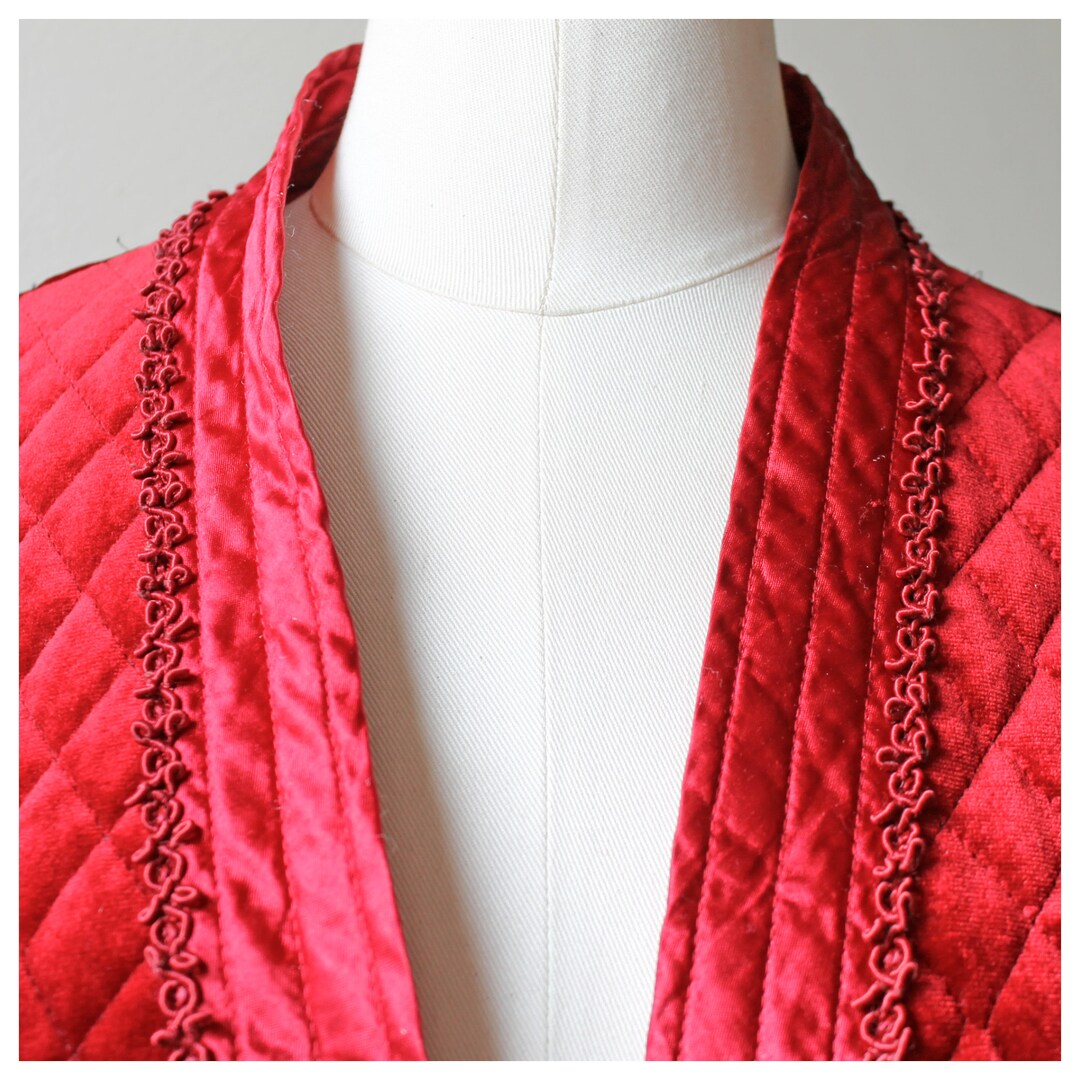 1980s Red Velvet Quilted Jacket | Vintage Puffy Sleeve Outerwear ...