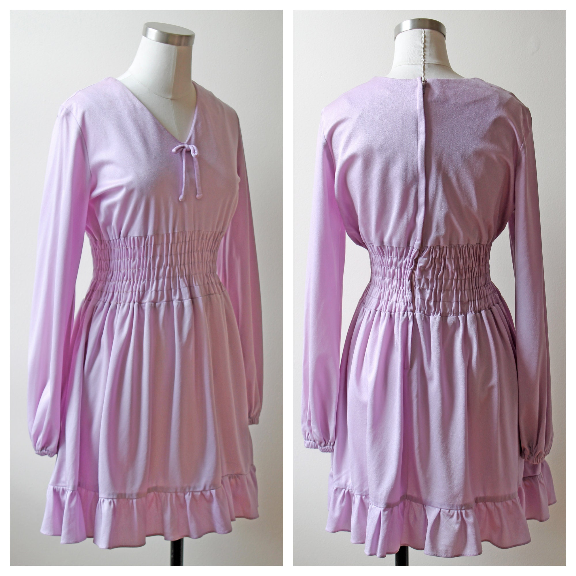 1970s Vintage Light Purple Bow V-neck Pintuck Long Sleeve - Etsy Norway