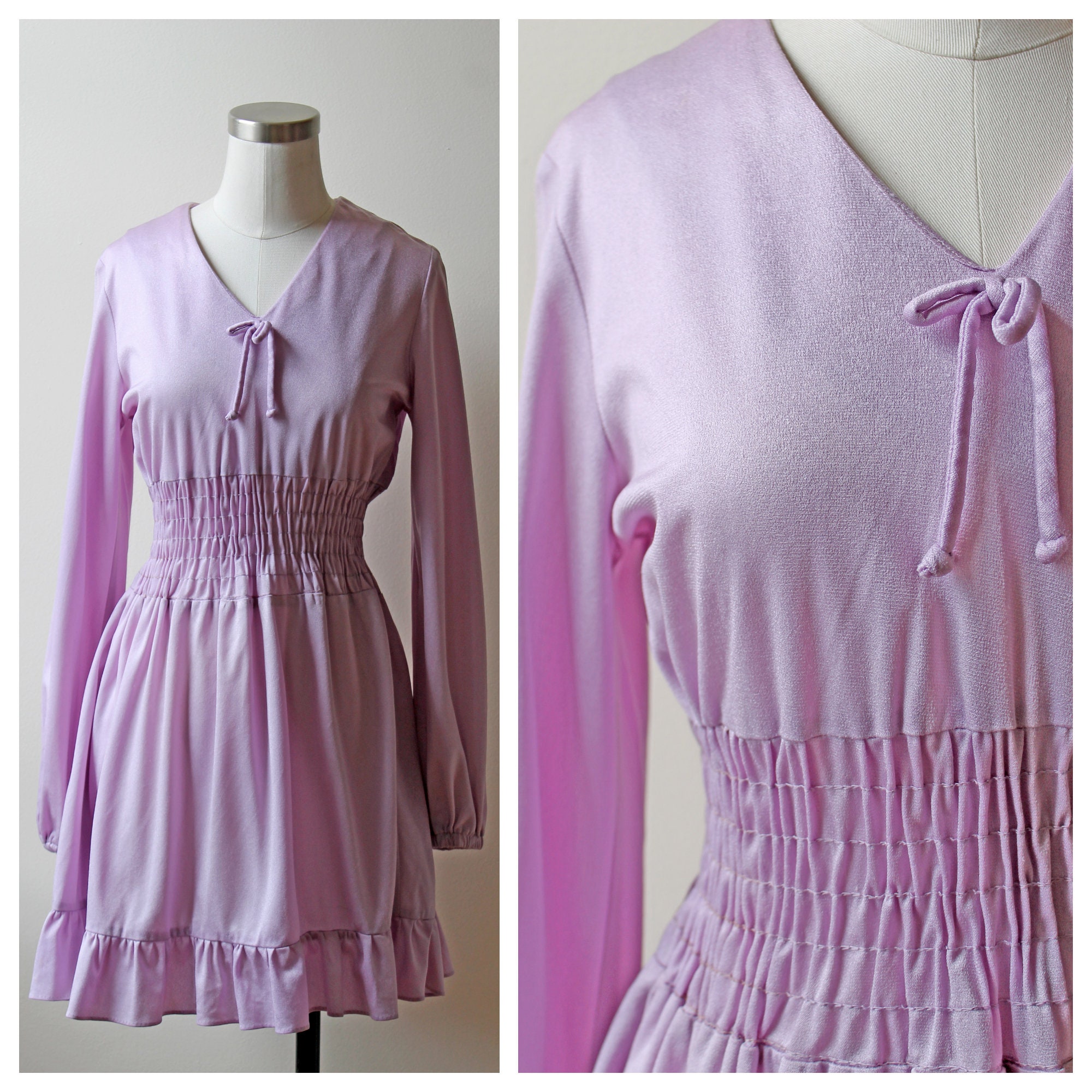 1970s Vintage Light Purple Bow V-neck Pintuck Long Sleeve - Etsy Norway