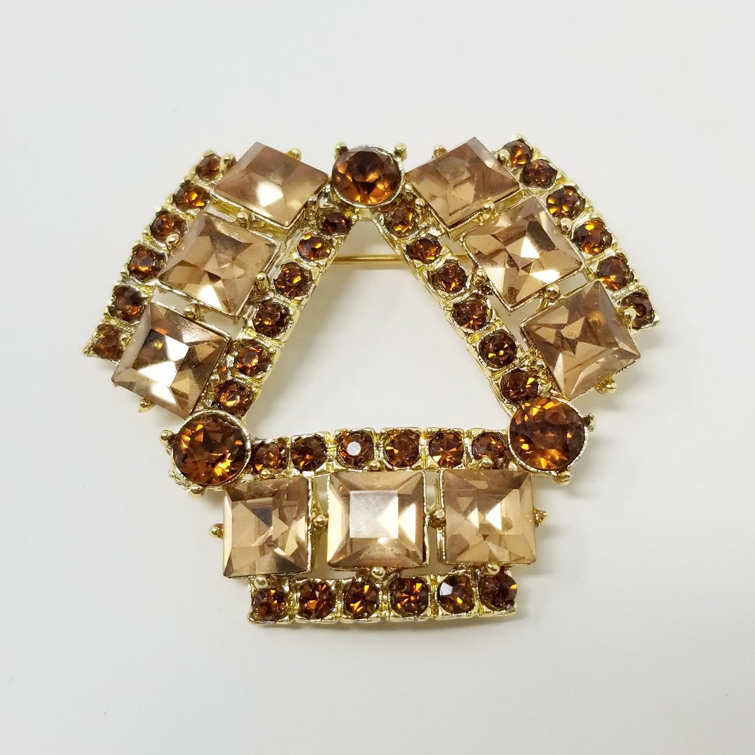 Vintage Geometric Goldtone Brooch | Brown Tan Gem Triangle Pin | Autumn ...