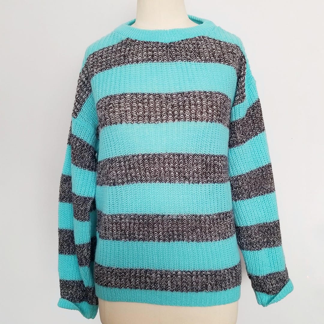 Vintage 1980s Striped Aqua Blue & Black Long Sleeve Sweater ...