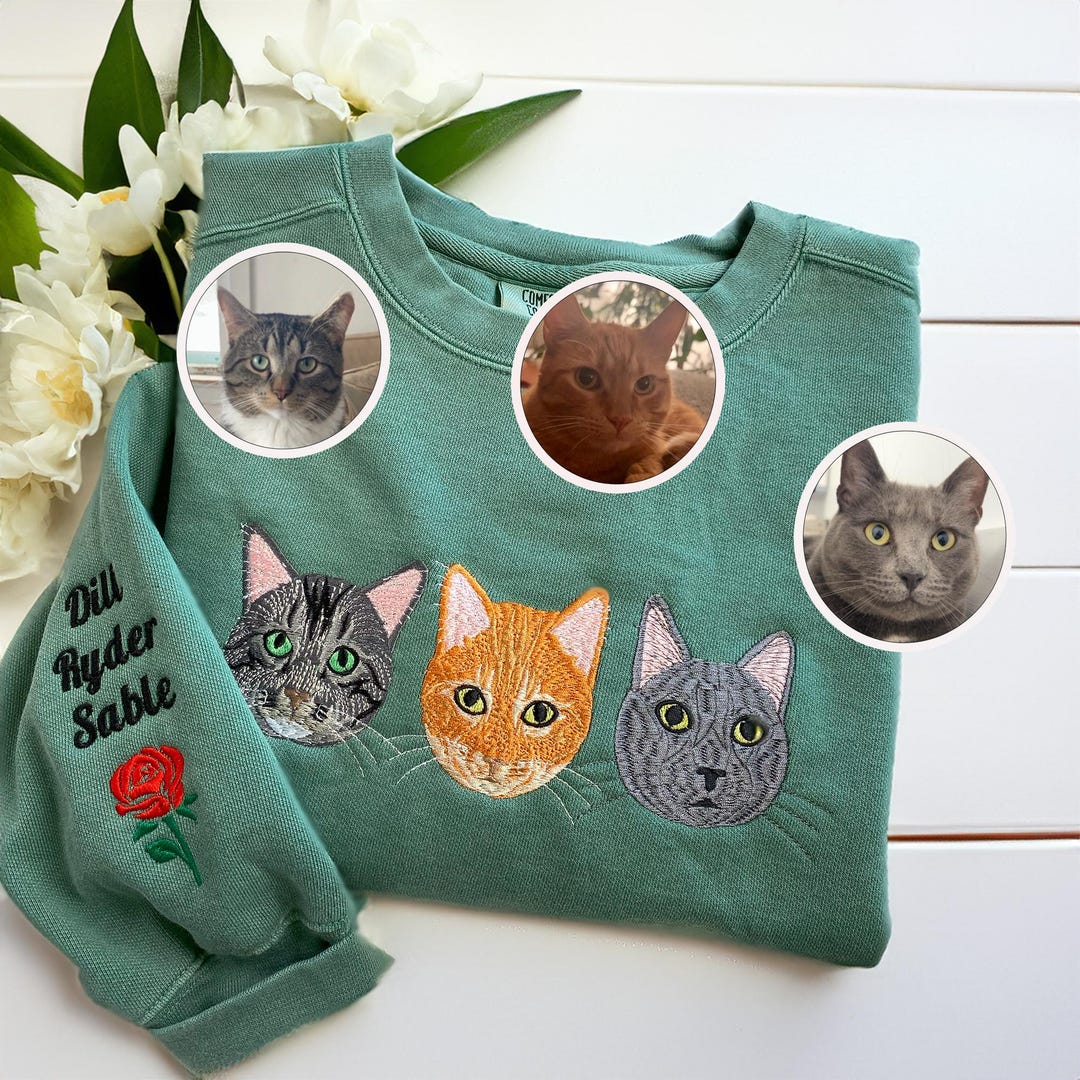 Custom Embroidered Cat Sweatshirt From Your Photo- Comfort Color Cat ...