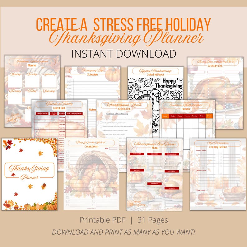 Thanksgiving Planner Printable, Stress Free Holiday, Thanksgiving ...