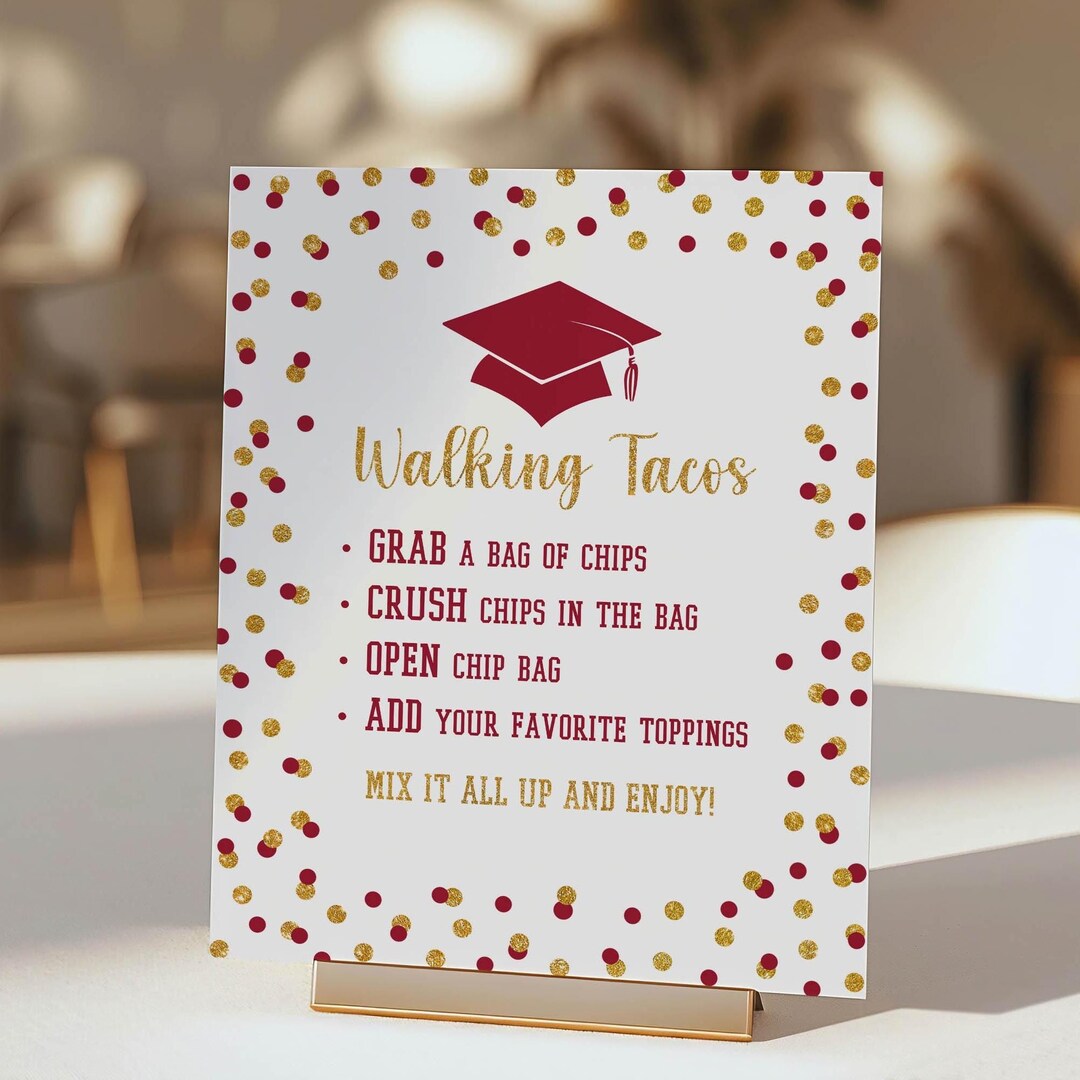 Walking Tacos Graduation Party Sign, Crimson Red & Gold Glitter ...