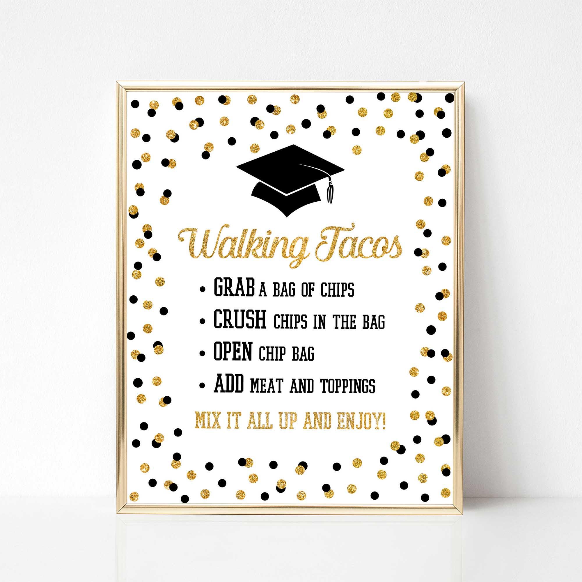 Walking Tacos Graduation Party Sign, Black & Gold Glitter Confetti Sign ...