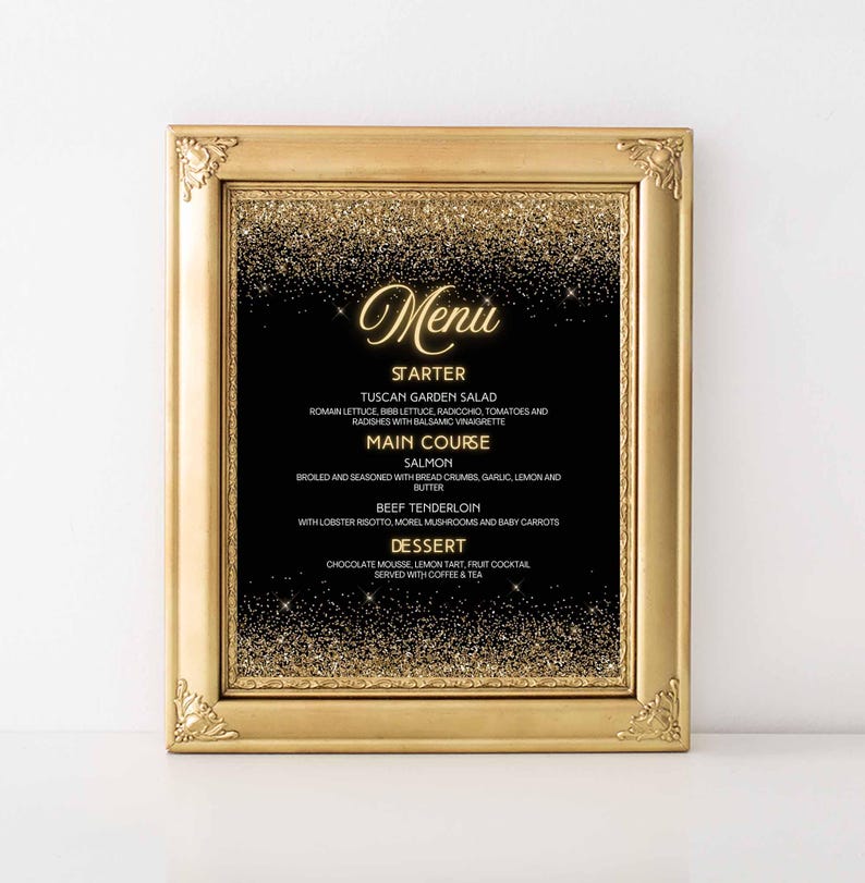 Black & Gold Dinner Menu Sign Template, 5x7 and 8x10, Self-edit, Canva ...