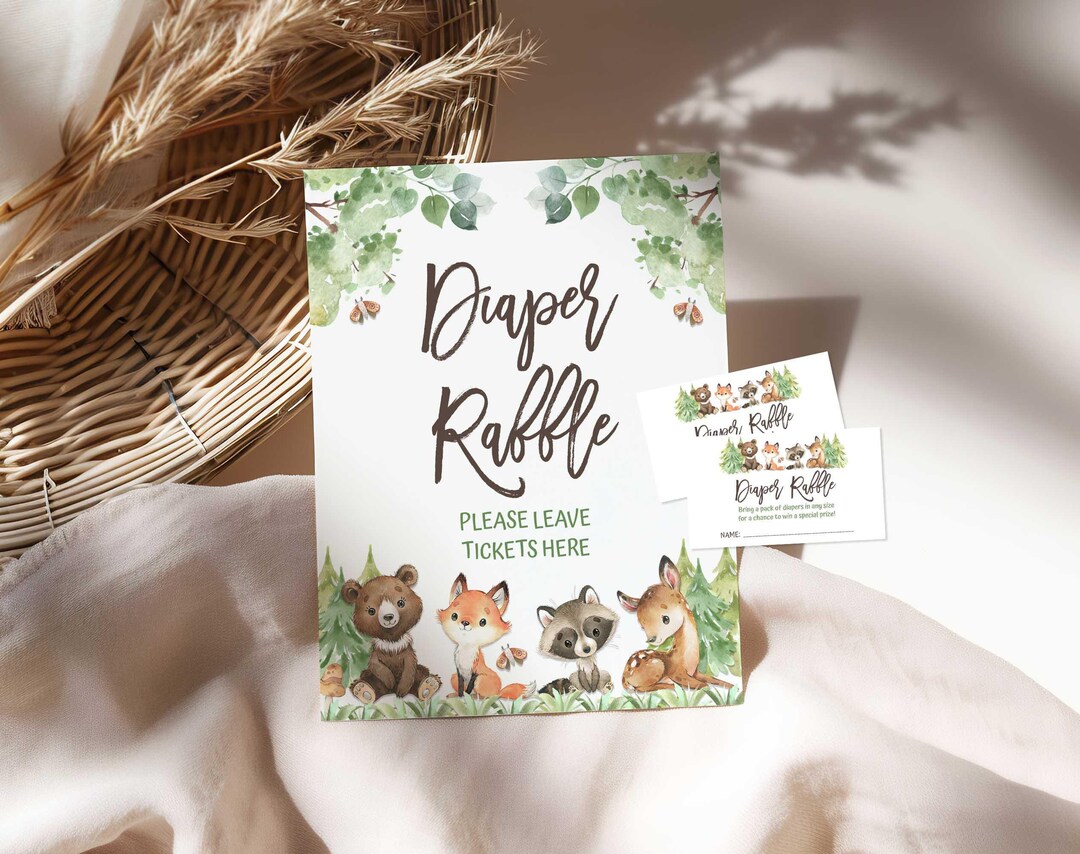Editable Woodland Diaper Raffle Sign & Tickets, Woodland Animals Baby ...