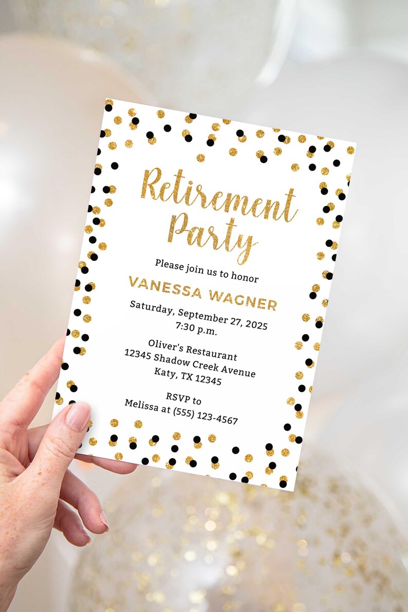 Black & Gold Retirement Party Invitation Template, Black and Gold Glitter Confetti Retirement ...