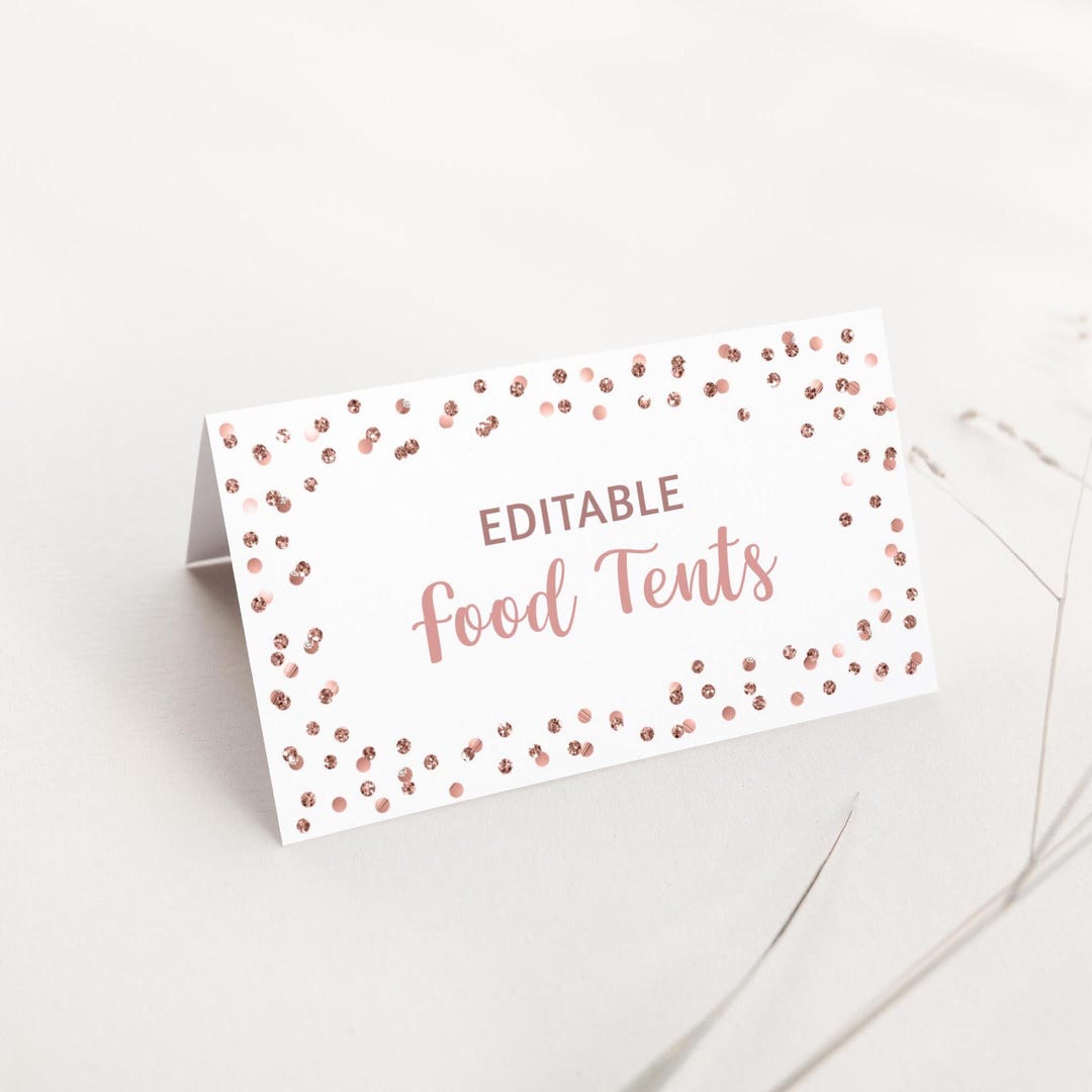 Rose Gold Food Tents Template, Editable Rose Gold Glitter Confetti ...