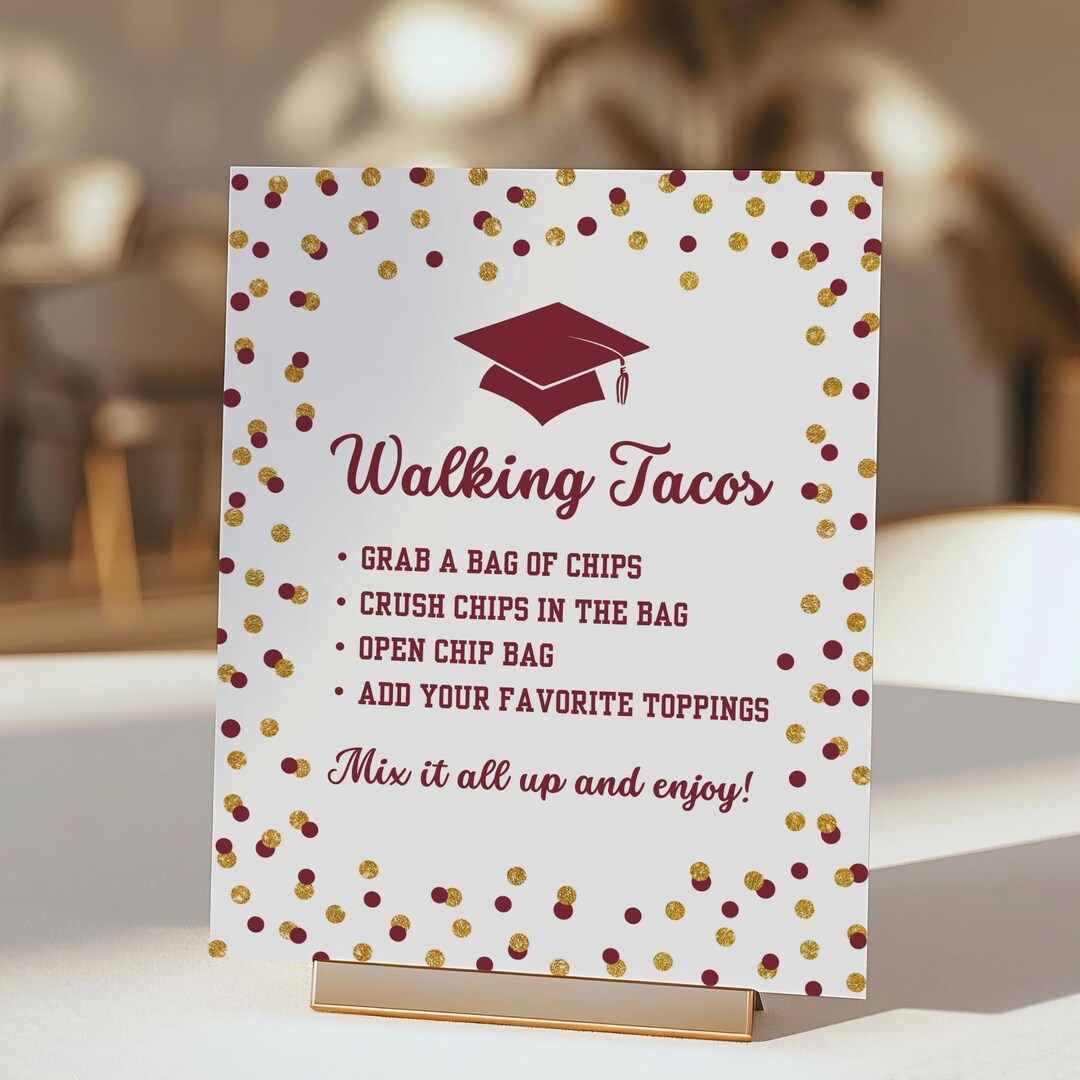 Walking Tacos Graduation Party Sign, Burgundy & Gold, Digital Download ...