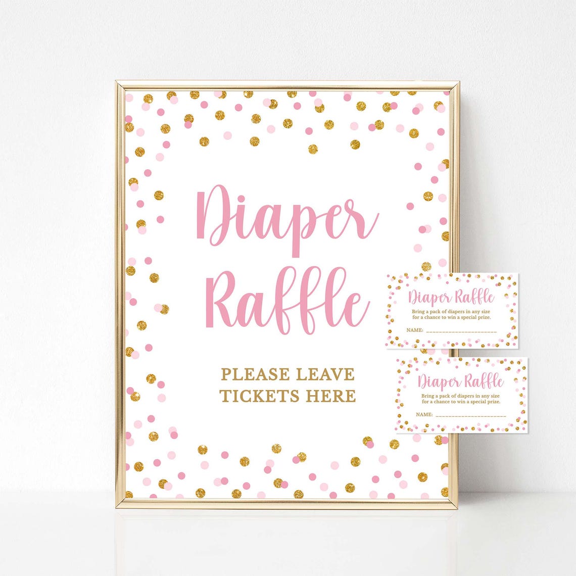 Pink Diaper Raffle Sign & Tickets, Pink and Gold Glitter Confetti ...