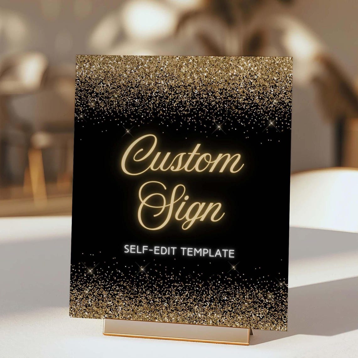 Black & Gold Glitter Custom Table Sign Template, Self-edit, Canva, BG2 ...