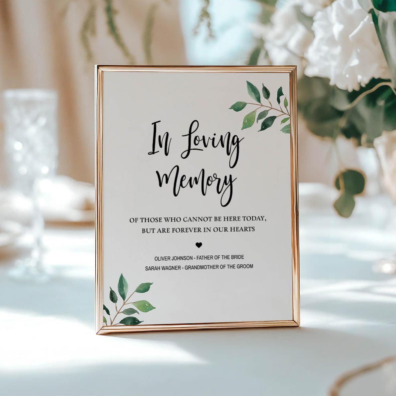 In Loving Memory Wedding Sign Template, Greenery Calligraphy Editable ...