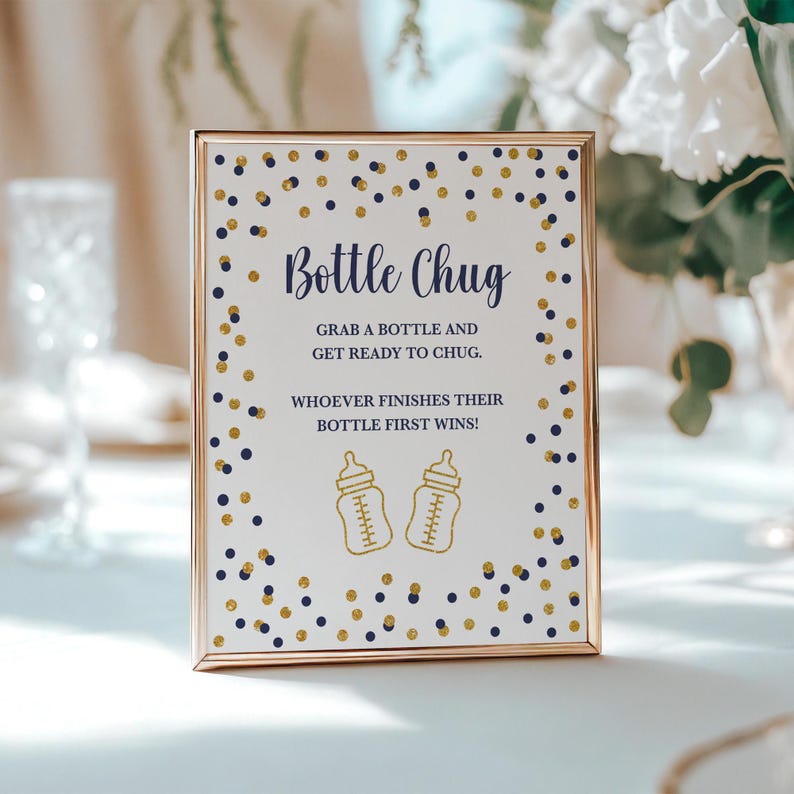 Navy Bottle Chug Baby Shower Game Sign, Navy & Gold Glitter Confetti ...