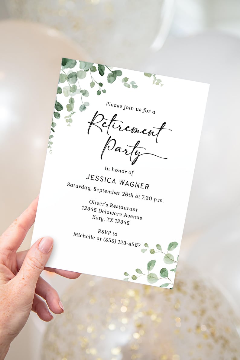 Eucalyptus Retirement Party Invitation Template, Self-edit, Corjl - Etsy