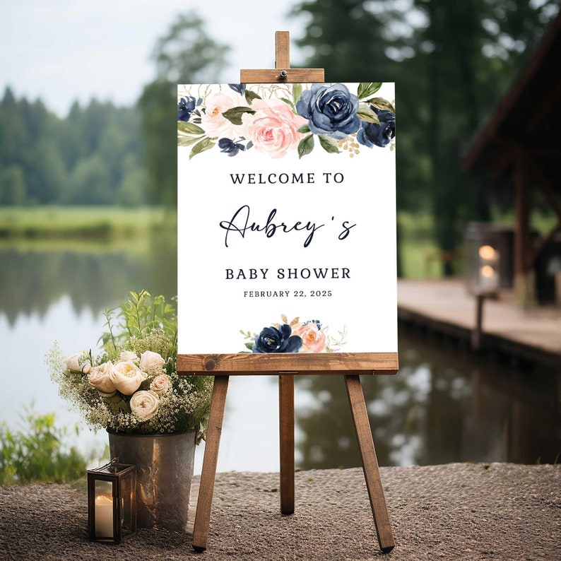 Navy & Blush Welcome Sign Template, Navy and Blush Floral Birthday ...