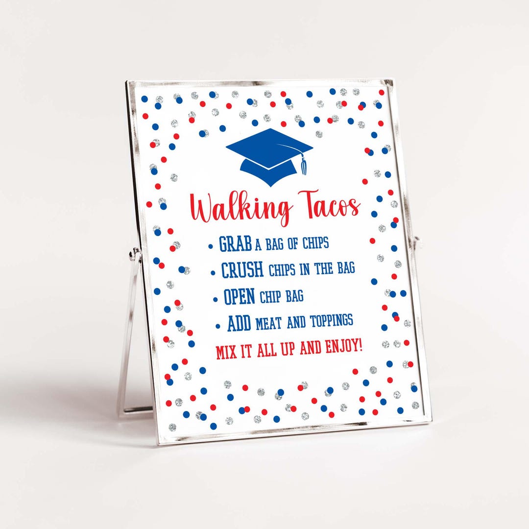 Patriotic Walking Tacos Graduation Party Sign, Red & Blue Confetti Sign ...