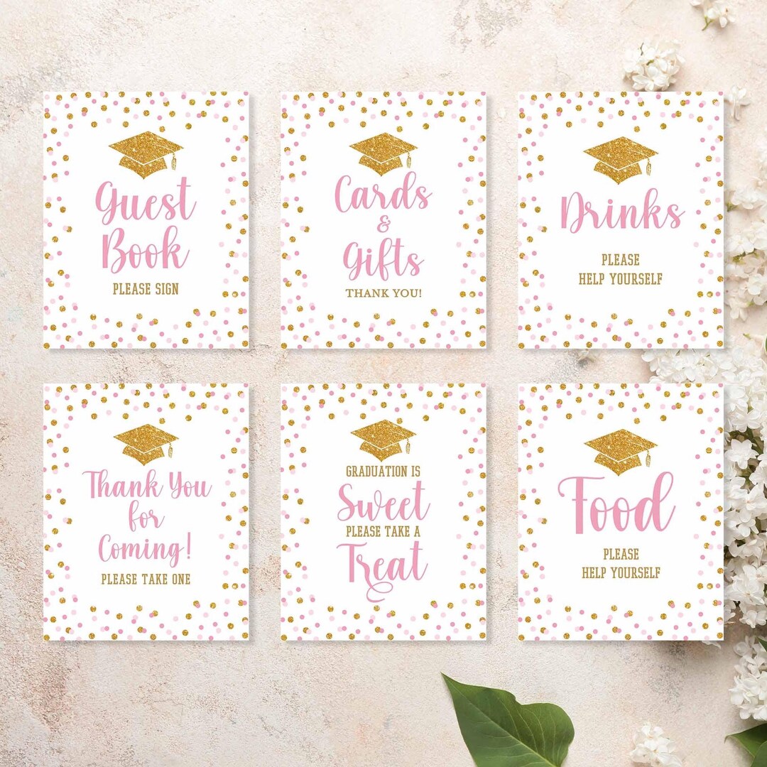 Pink & Gold Glitter Graduation Party Signs Bundle Editable Template ...