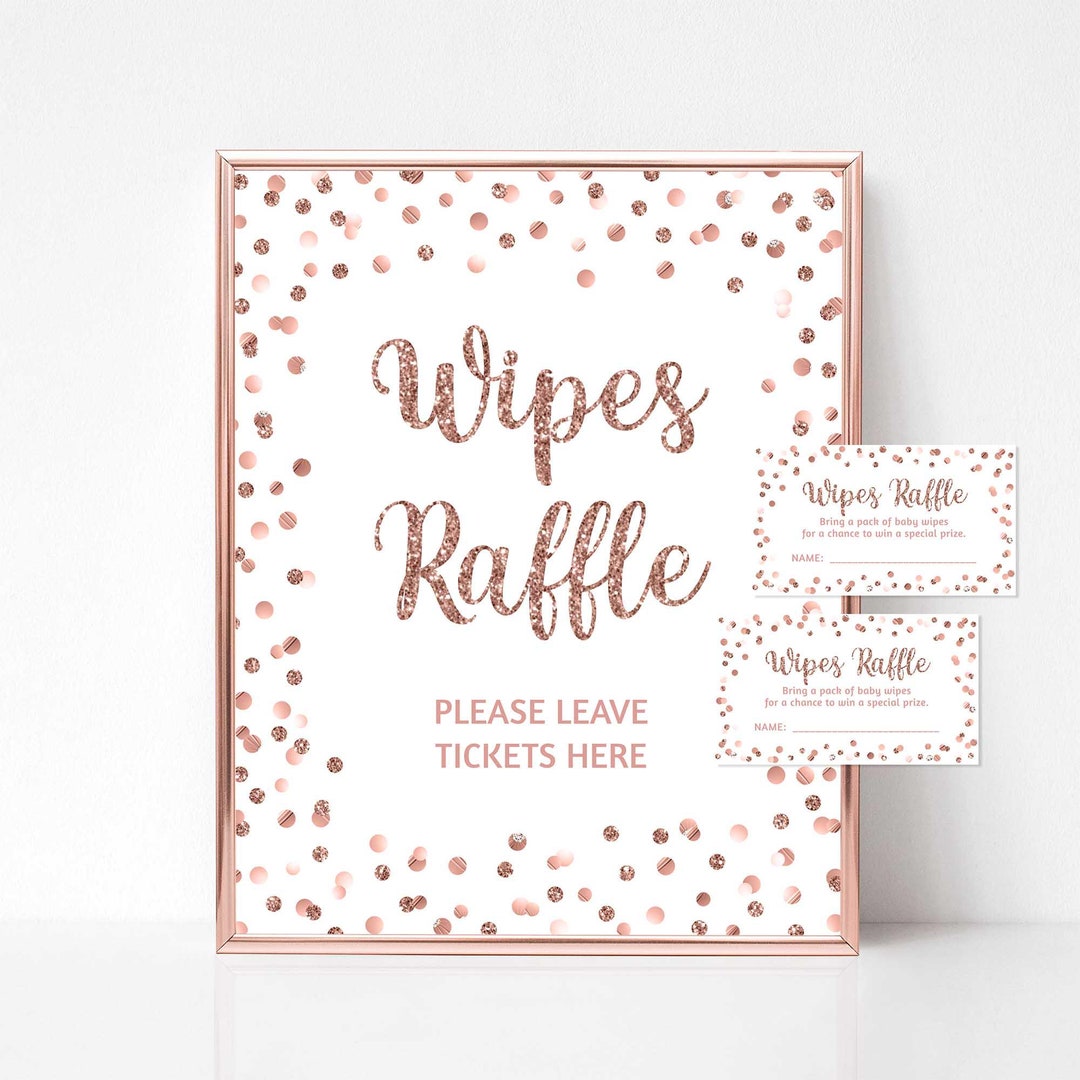 Rose Gold Baby Wipes Raffle Sign & Tickets, Rose Gold Glitter Confetti ...